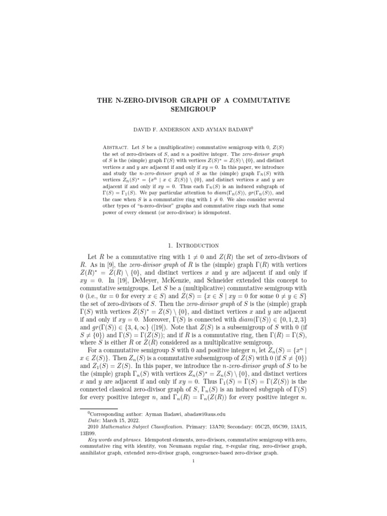The N Zero Divisor Graph of A Commutativ | PDF | Ring (Mathematics) | Abstract Algebra