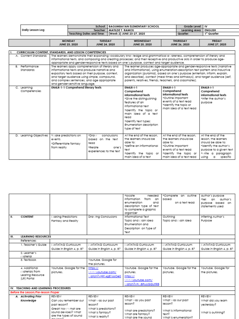 Matatag DLL Week 2 English g4 Edited | PDF | Reading Comprehension | Curriculum