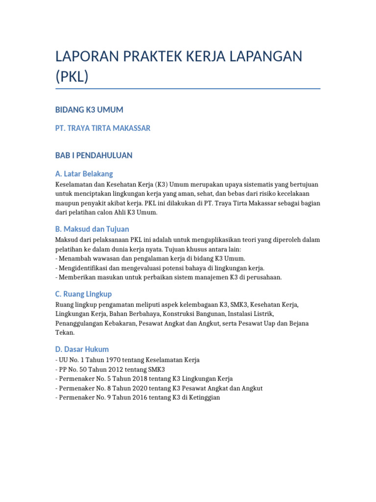 Laporan PKL K3 Umum PT Traya Tirta Makassar | PDF
