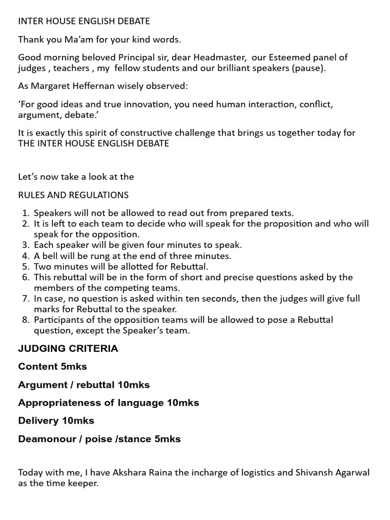 Inter House English Debate 2025-26 | PDF