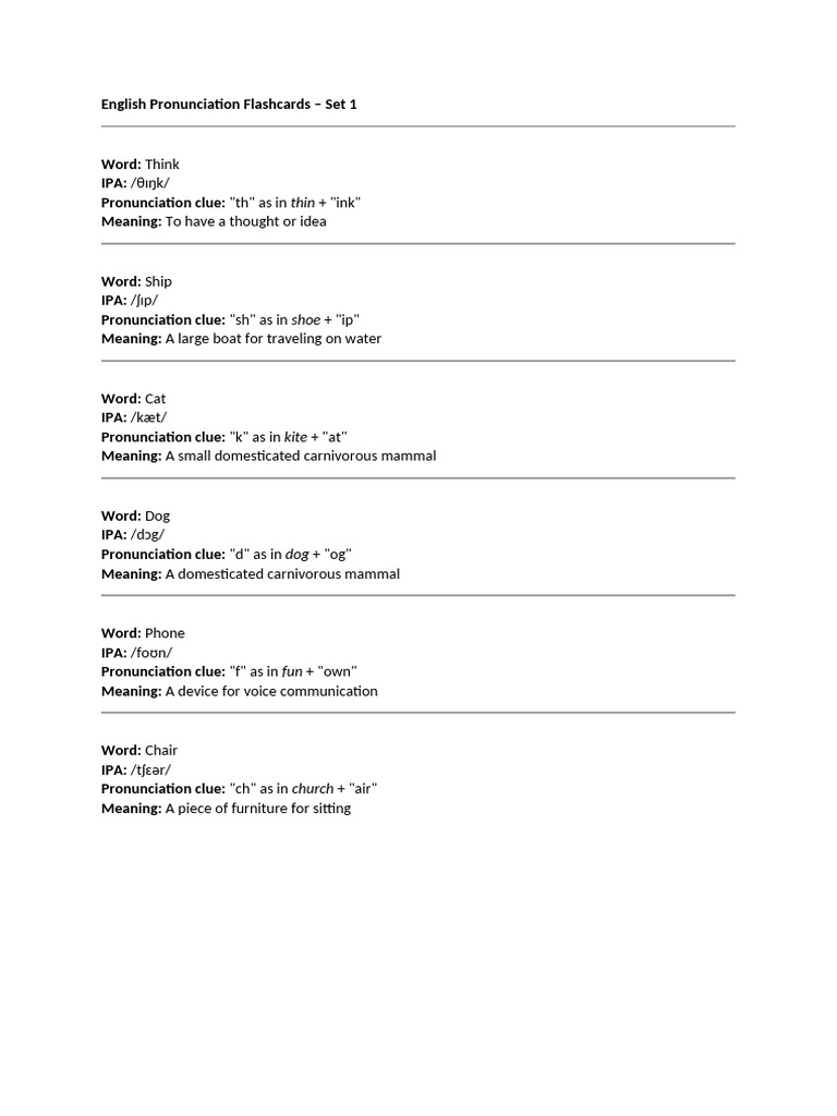 English Pronunciation Flashcards 1 | PDF
