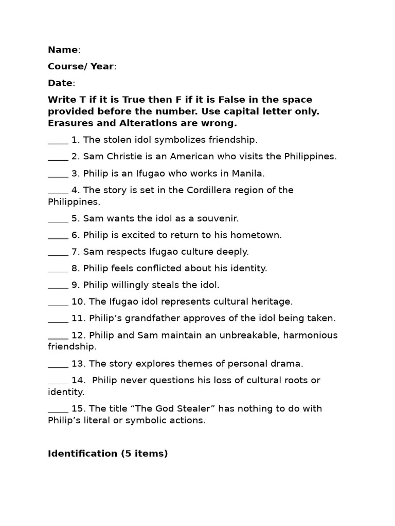 True or False Quiz on "The God Stealer" | PDF