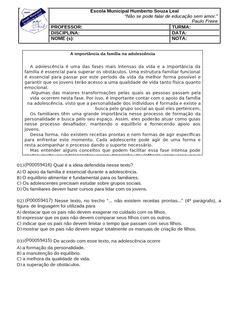 Atividade de Intervenção Caed 7B e 7C | PDF | Adolescência | Família