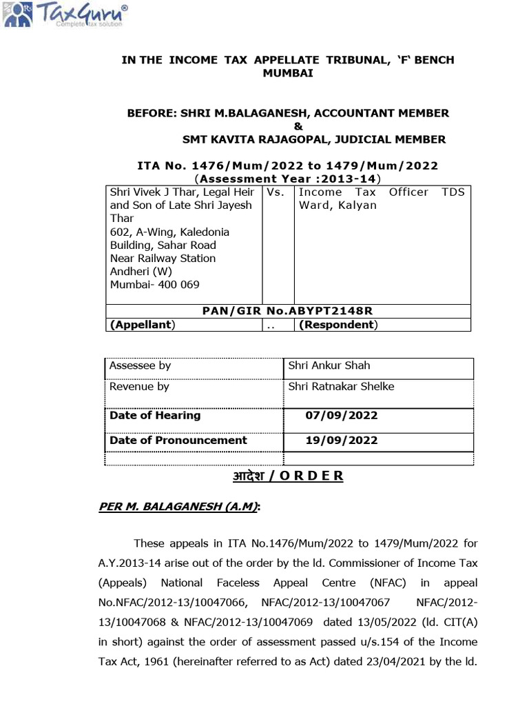 Vivek J Thar Vs Income Tax Officer ITAT Mumbai | PDF | Taxes | Tax Refund