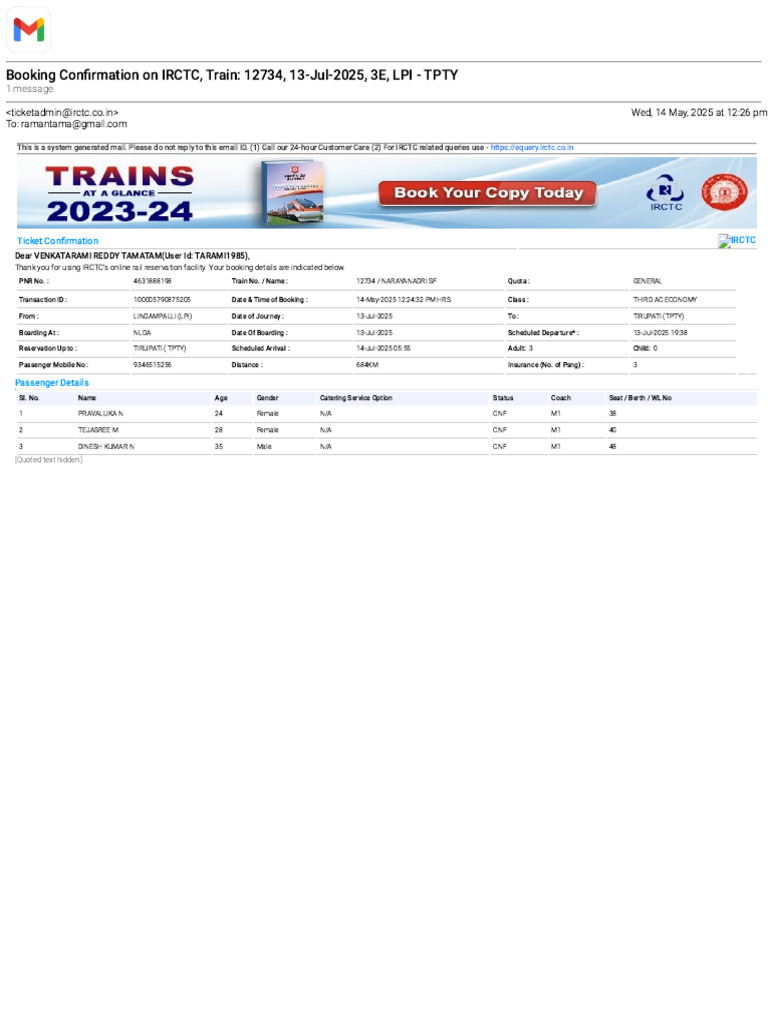 Gmail - Booking Confirmation On IRCTC, Train - 12734, 13-Jul-2025, 3E ...