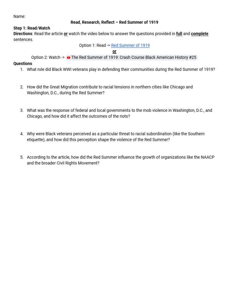 Red Summer of 1919 Read, Research, Reflect | PDF | Riot | Society Of ...