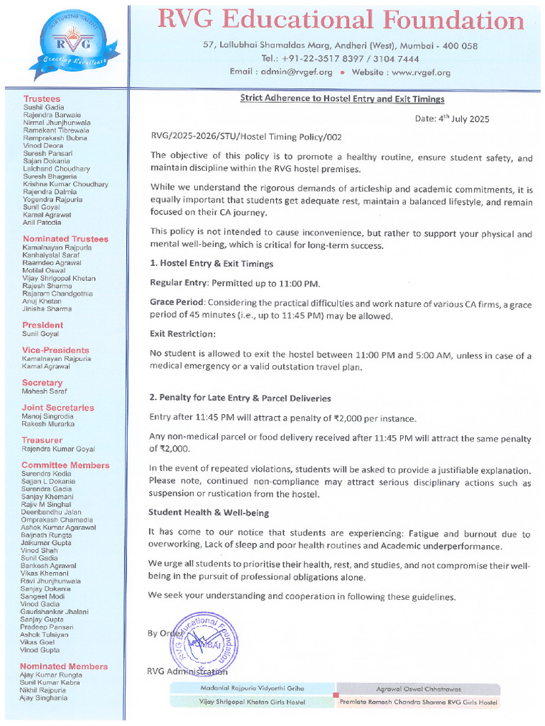 Hostel Entry & Exit Timing | PDF