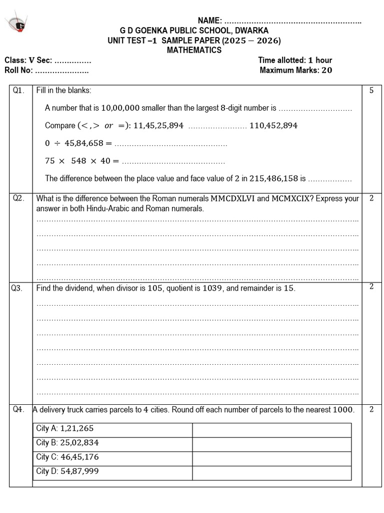 Class V - Maths - Ut 1 - Sample Paper - 2025-2026 | PDF | Division ...
