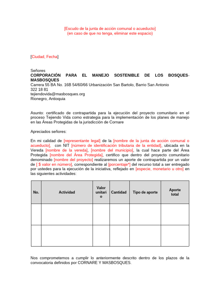 Certificado de Contrapartida Proyecto Tejiendo Vida | PDF