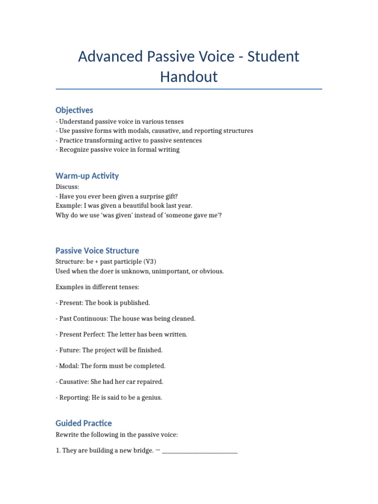 Advanced Passive Voice Handout | PDF