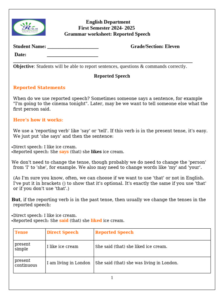 Reported Speech Grade 8 | PDF | Question | Verb