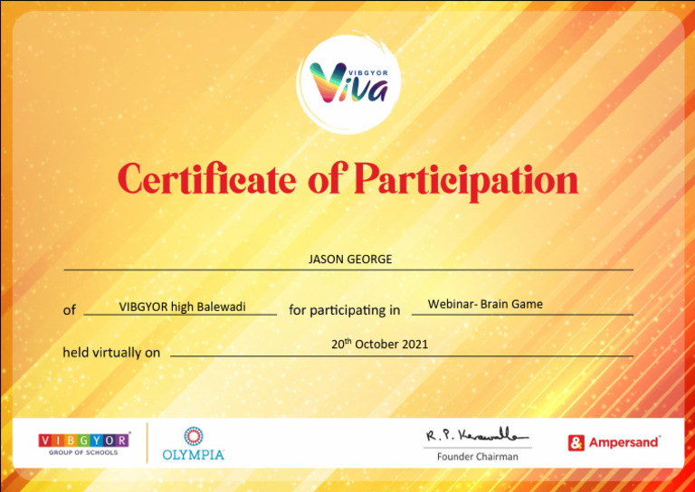Jason - Brain Game Certificate of Participation - Viva 13 | PDF