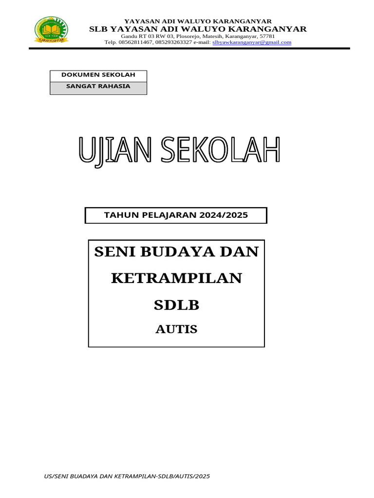 US TG SDLB SENI BUDAYA AUTIS+ Lembar Jawab + Kunci Jawaban | PDF