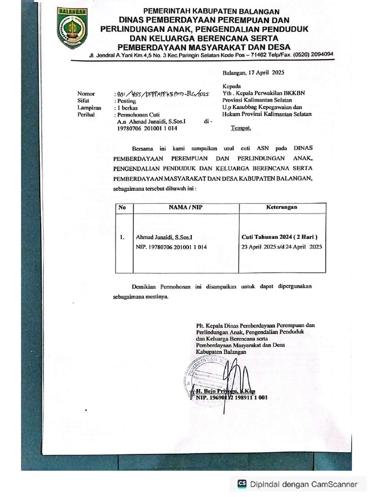 Surat Cuti Junaidi - Compressed | PDF