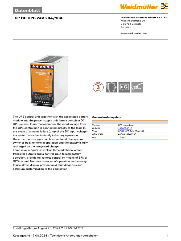 Datenblatt: CP DC UPS 24V 20A/10A | PDF | Power Supply | Switch