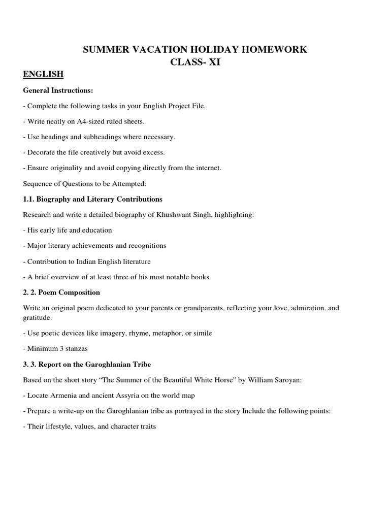Class 11 Summer Homework Assignments | PDF