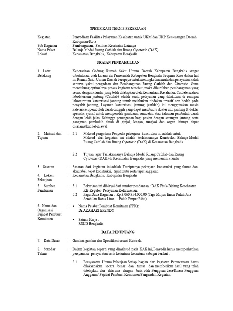 Spesifikasi Teknis Pekerjaan Ruang Cathlab Dab Ruang Cytotoxic Dak | PDF