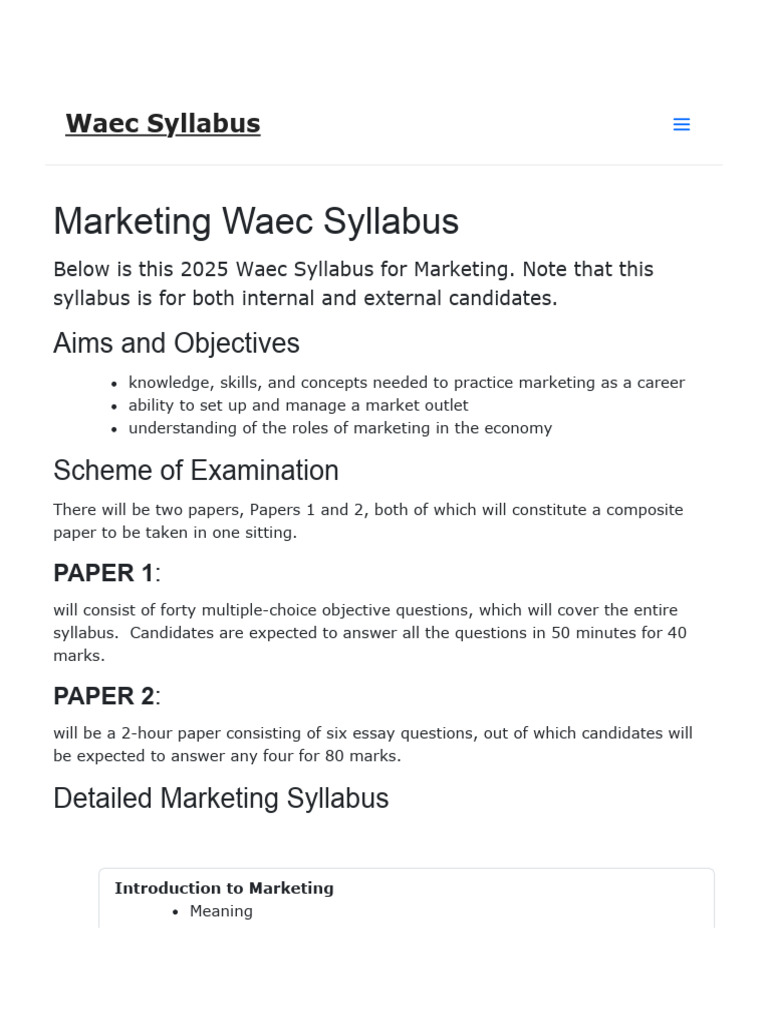 2025 WAEC Marketing Syllabus Overview | PDF | Marketing | Market ...