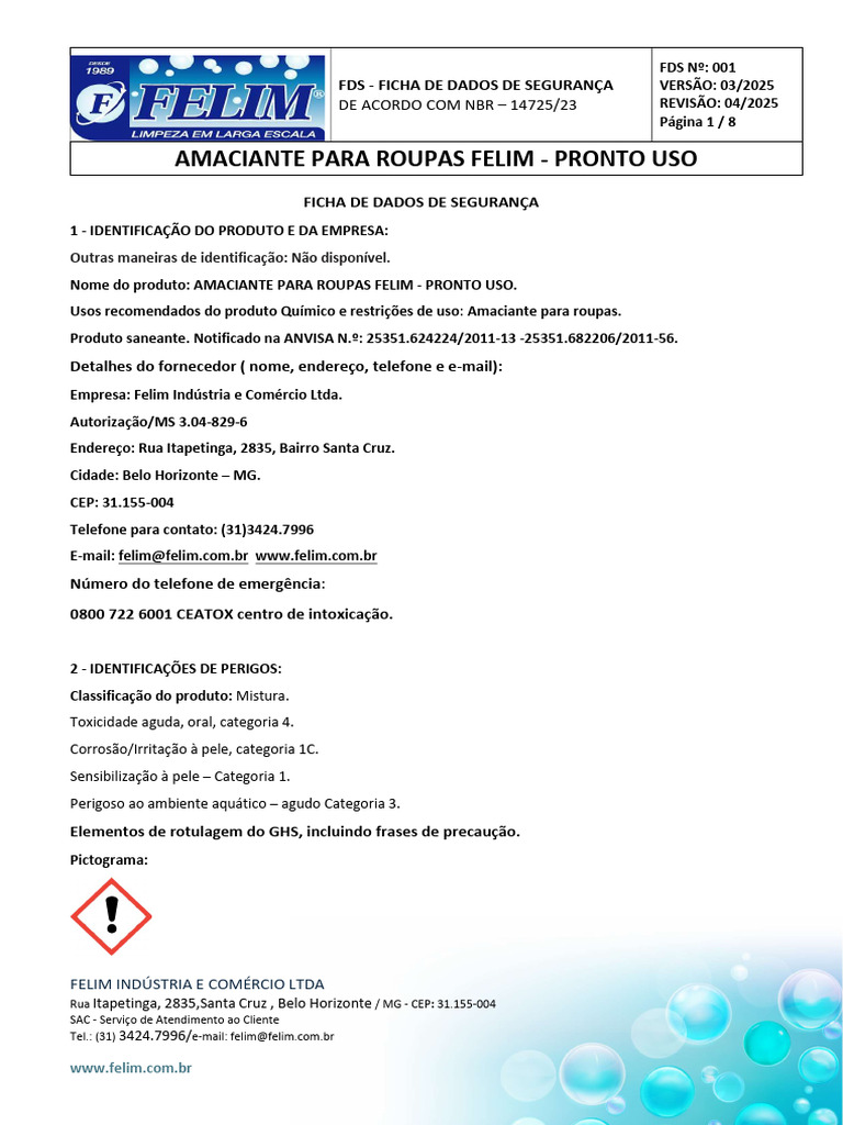 Ficha de Segurança Amaciante Felim | PDF