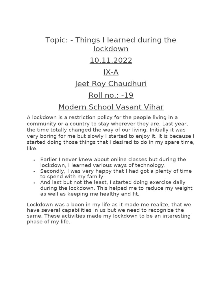 Topic - Things I Learned During The Lockdown | PDF
