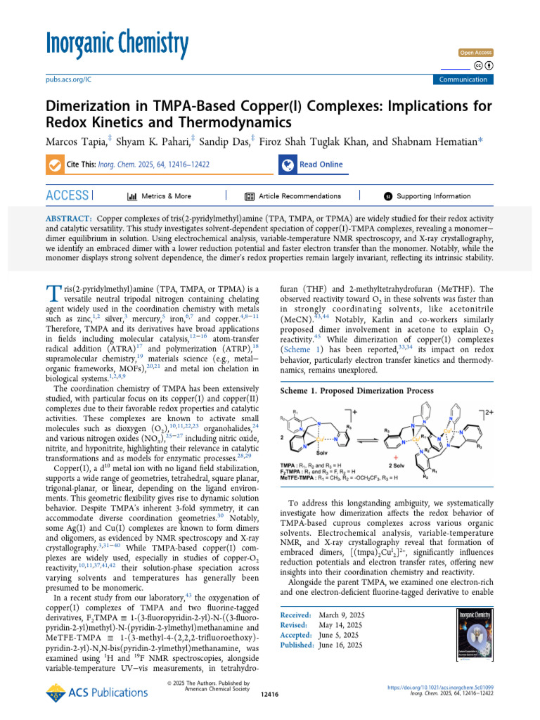 Tapia Et Al 2025 Dimerization in Tmpa Based Copper (I) Complexes ...