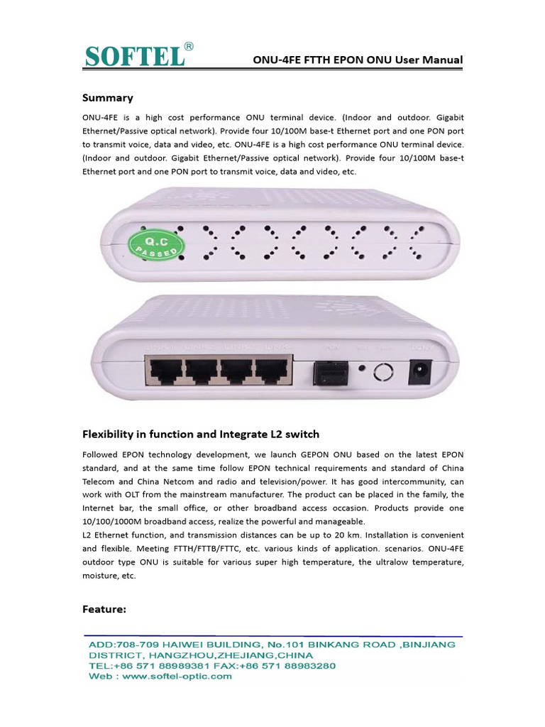 ONU-4FE FTTH EPON ONUUser Manual | PDF | Fiber To The X | Networking ...
