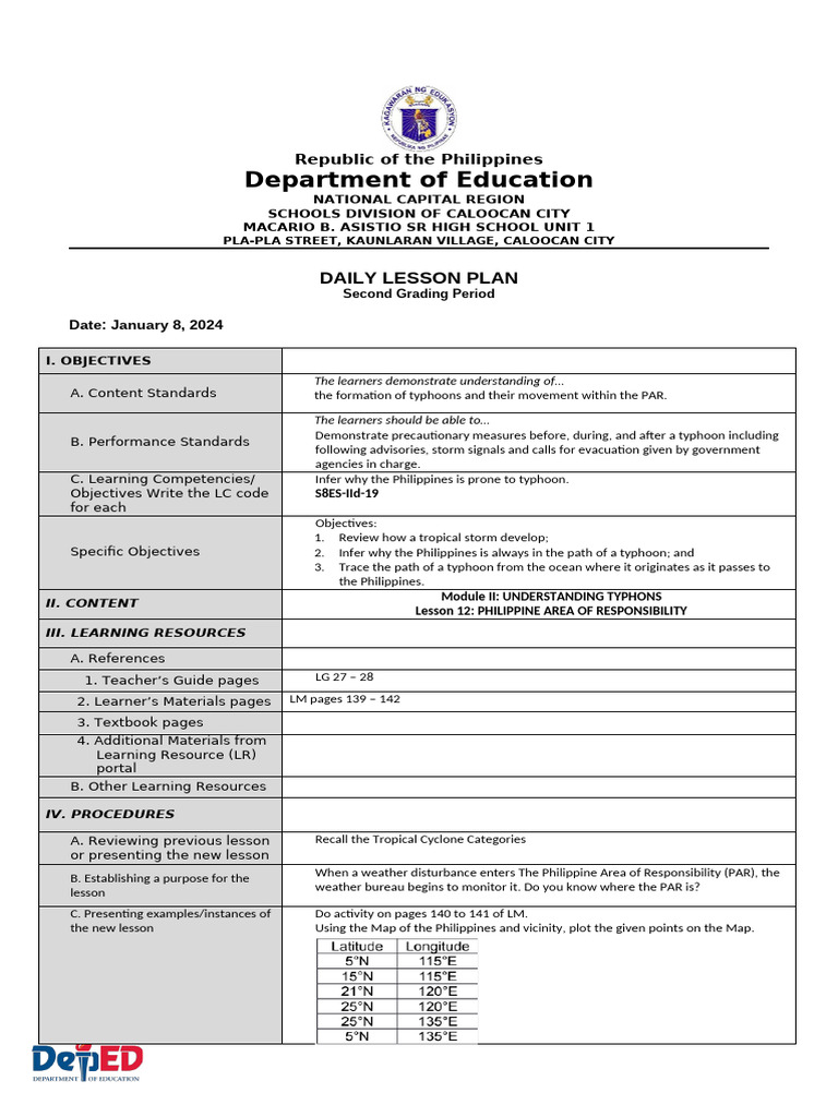 Daily Lesson Plan: Understanding Typhoons | PDF | Typhoon | Tropical ...