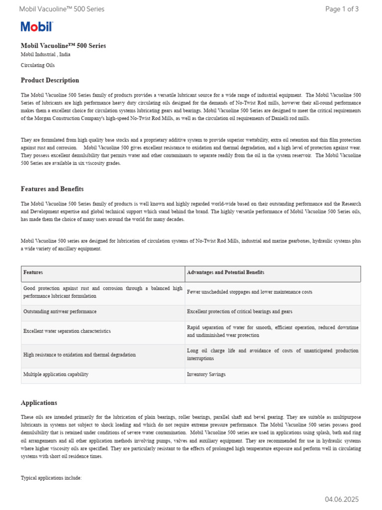 GL XX Mobil Vacuoline 500 Series | PDF | Pump | Lubricant