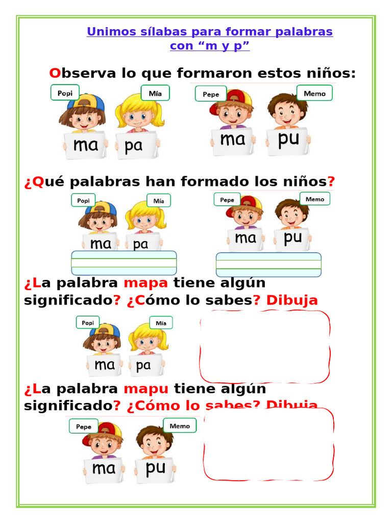 FICHA COMUNICACIÓN - Unimos Sílabas para Formar Palabras Con M y P-1ER ...