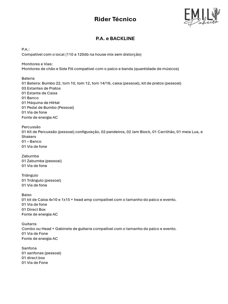 Rider Técnico de Backline e P.A. | PDF | Instrumentos de percussão ...