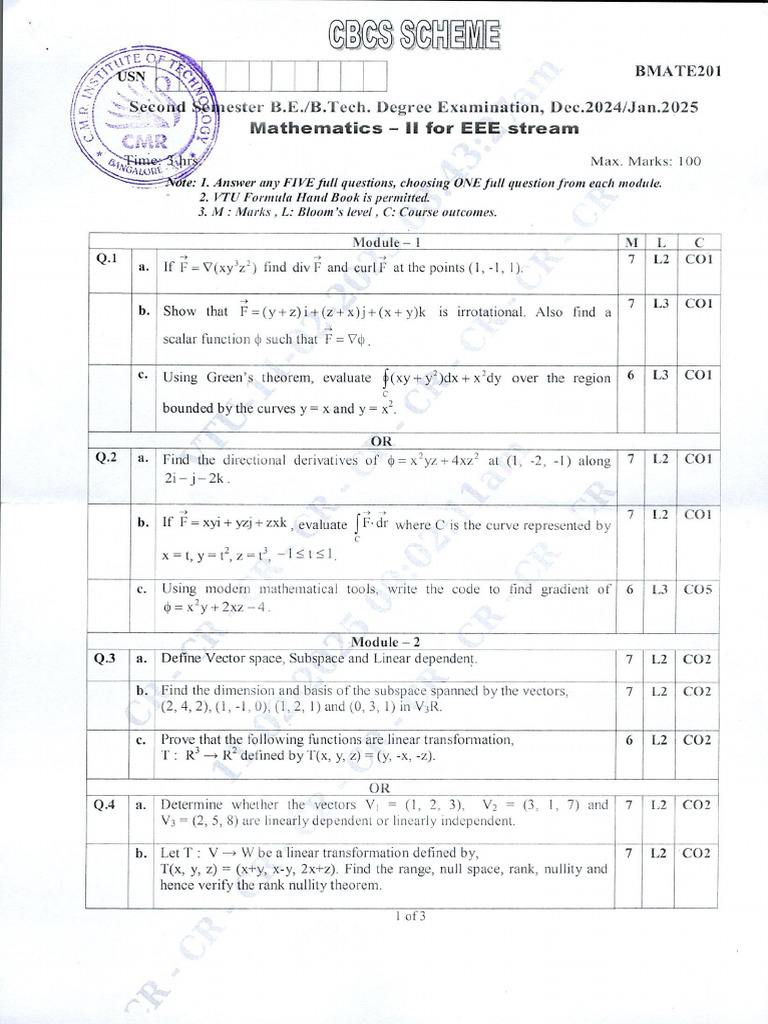 VTU Question Paper of BMATE201 Mathematics-II For EEE Stream Dec-2024 ...