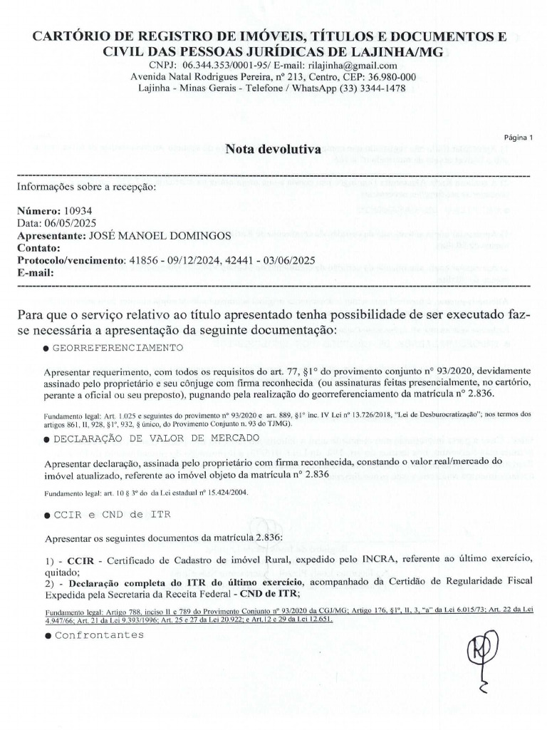 Nota Devolutiva 10934, Protocolo 42441 | PDF