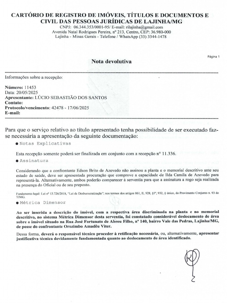 Nota Devolutiva 11453, Protocolo 42478 | PDF