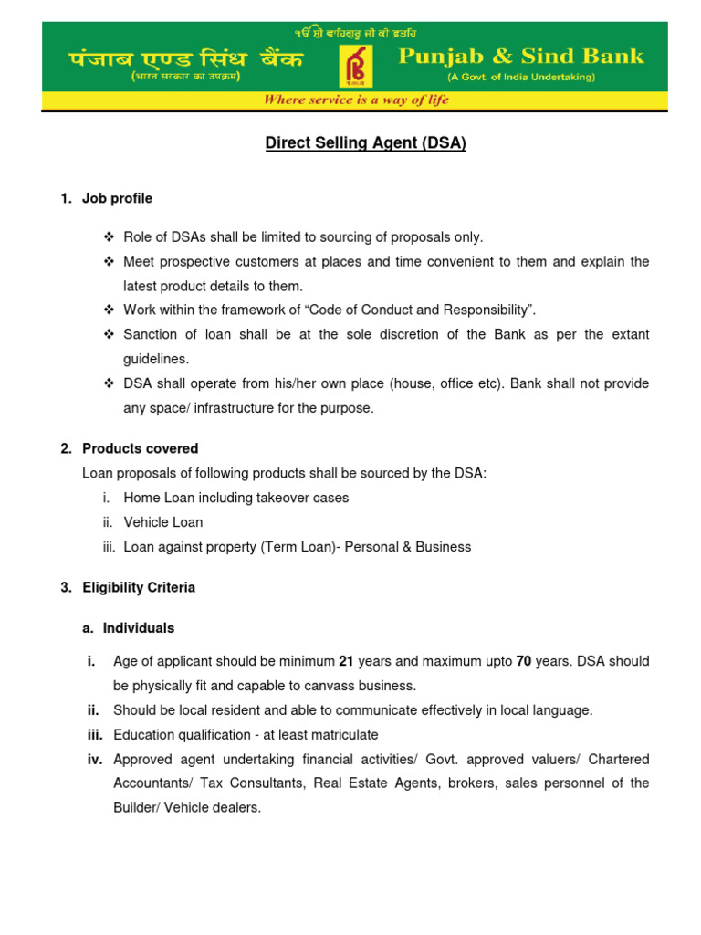 Direct Selling Agent (DSA) : 1. Job Profile | PDF | Banks | Employment