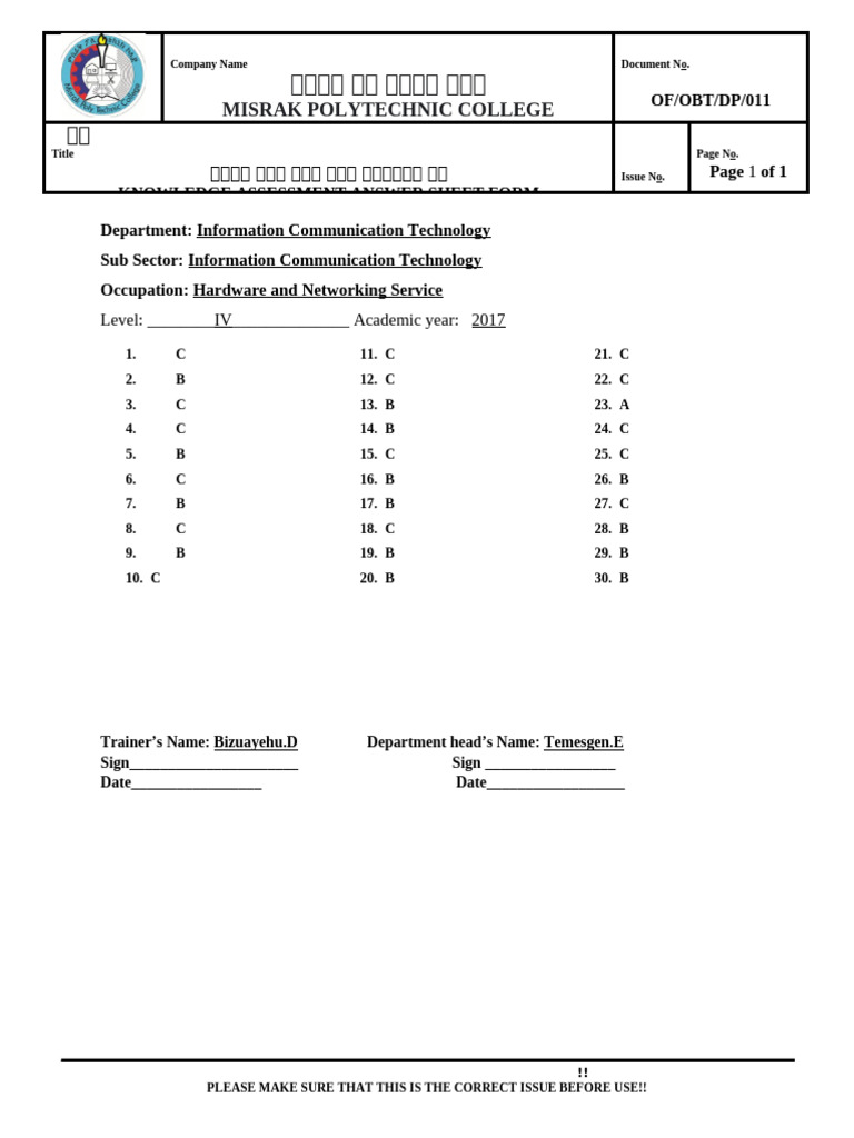 Of Obt DP 011 Knowledge Assessment Answer Sheet Form | PDF