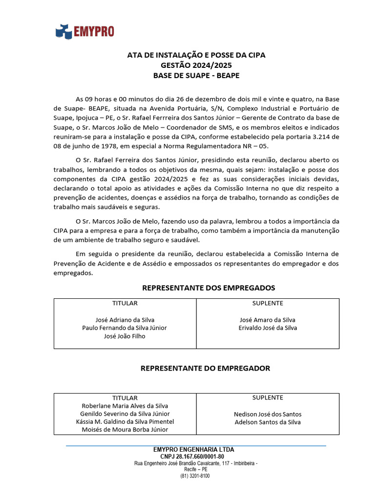 Ata de Instalação de Posse Da Cipa - Beape Emypro | PDF