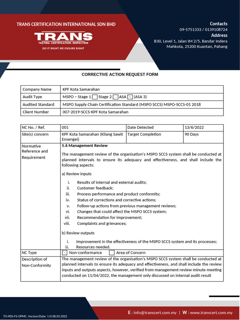 007-2019-SCCS-KPF Kota Samarahan-CAR FORM - ASA 3 | PDF