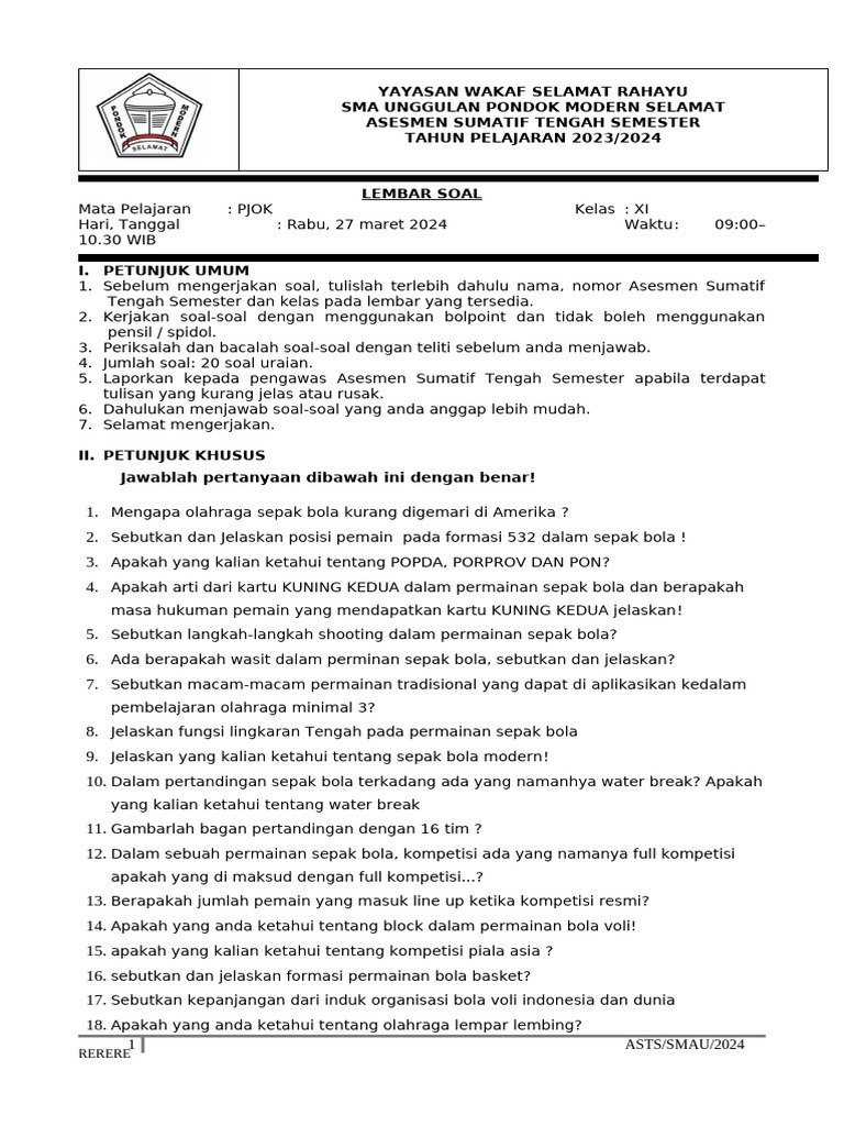 Soal Pjok Kelas Xi 2024 | PDF
