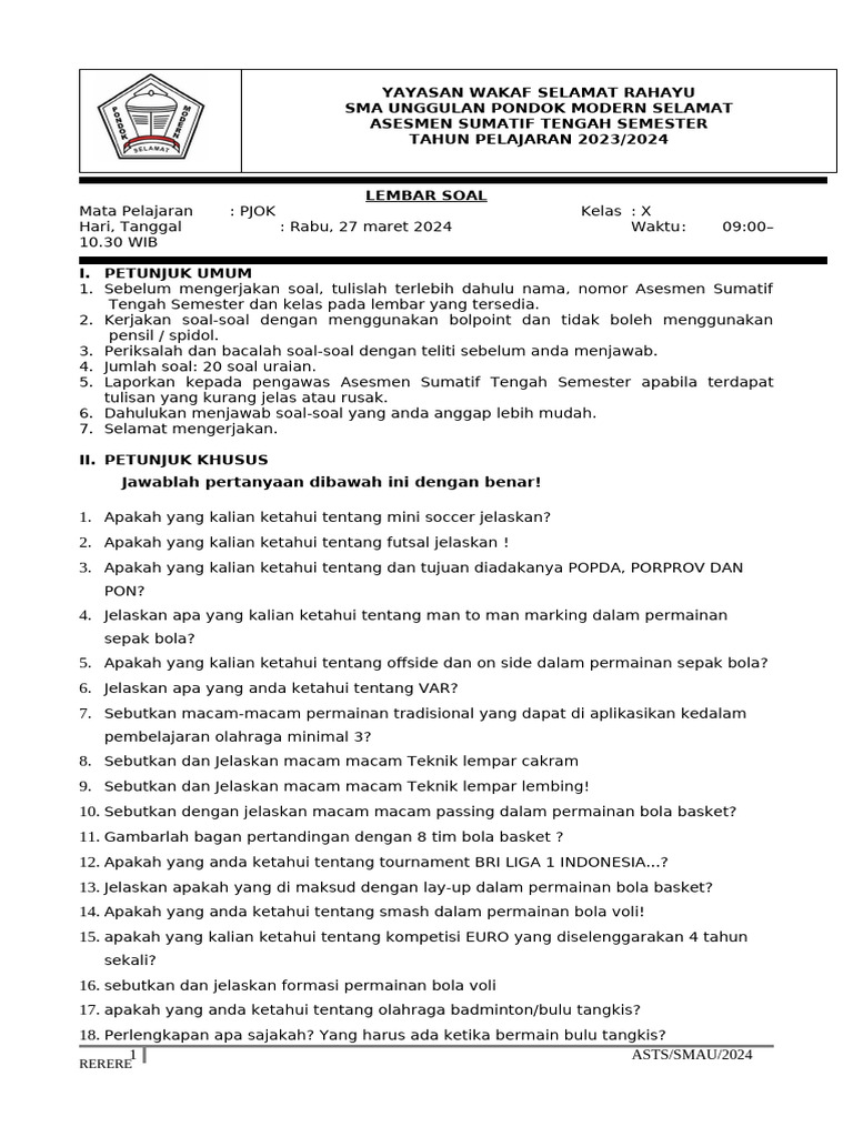 Soal Pjok Kelas X 2024 | PDF