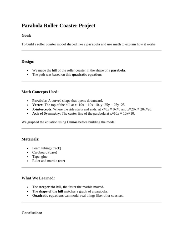 Parabola Roller Coaster Project Guide | PDF