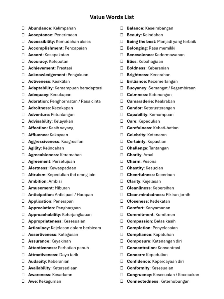 Value Words List | PDF