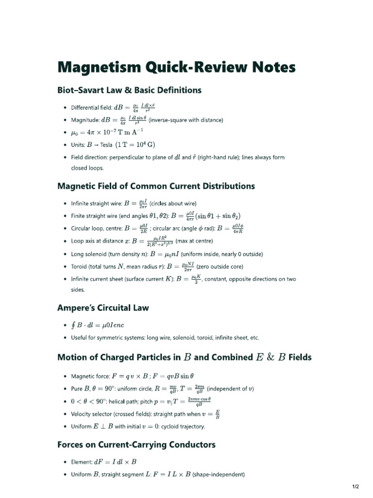 Phy Short Notes Moving Charge and Magnetism | PDF