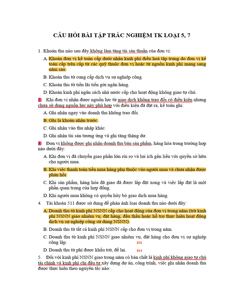 BT Trac Nghiem - Doanh Thu - Thu Nhap - Gui SV - 35 Cau | PDF