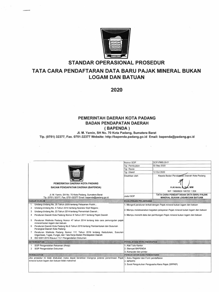 SOP 2020 - Tata Cara Pendaftaran Data Baru Pajak Mineral Bukan Logam Dan Batuan | PDF