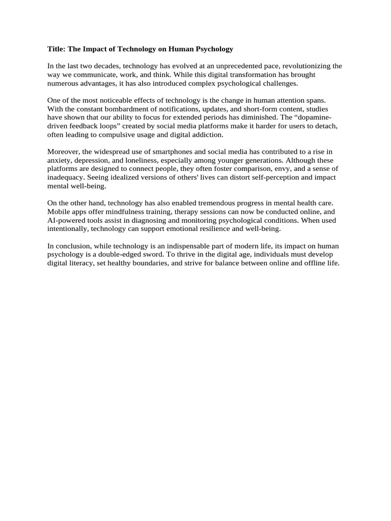 The Impact of Technology On Human Psychology | PDF