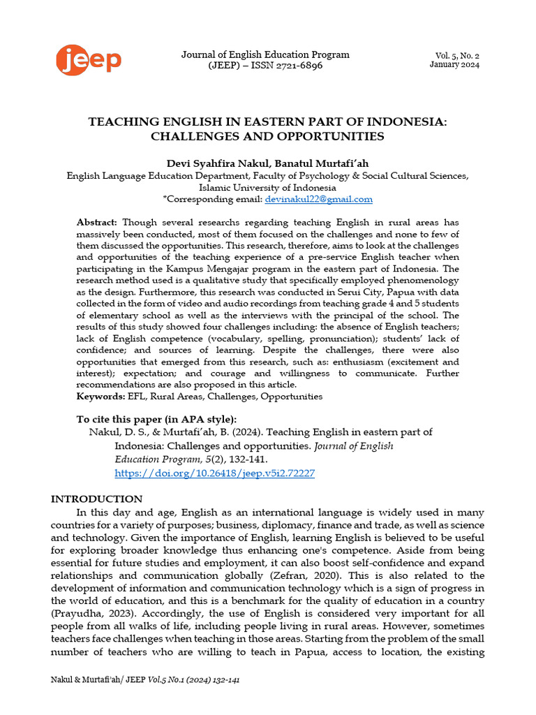 Teaching English in Eastern Part of Indonesia Chal | PDF | Teachers | English Language