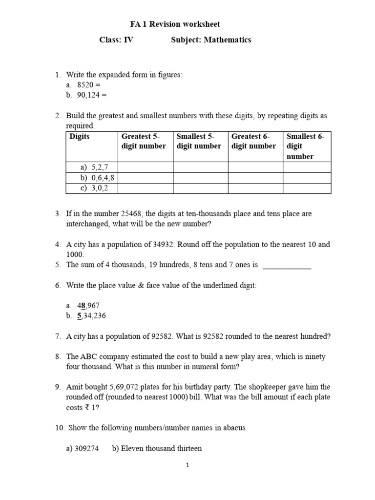 Class 4 FA 1 Math Revision Worksheet | PDF