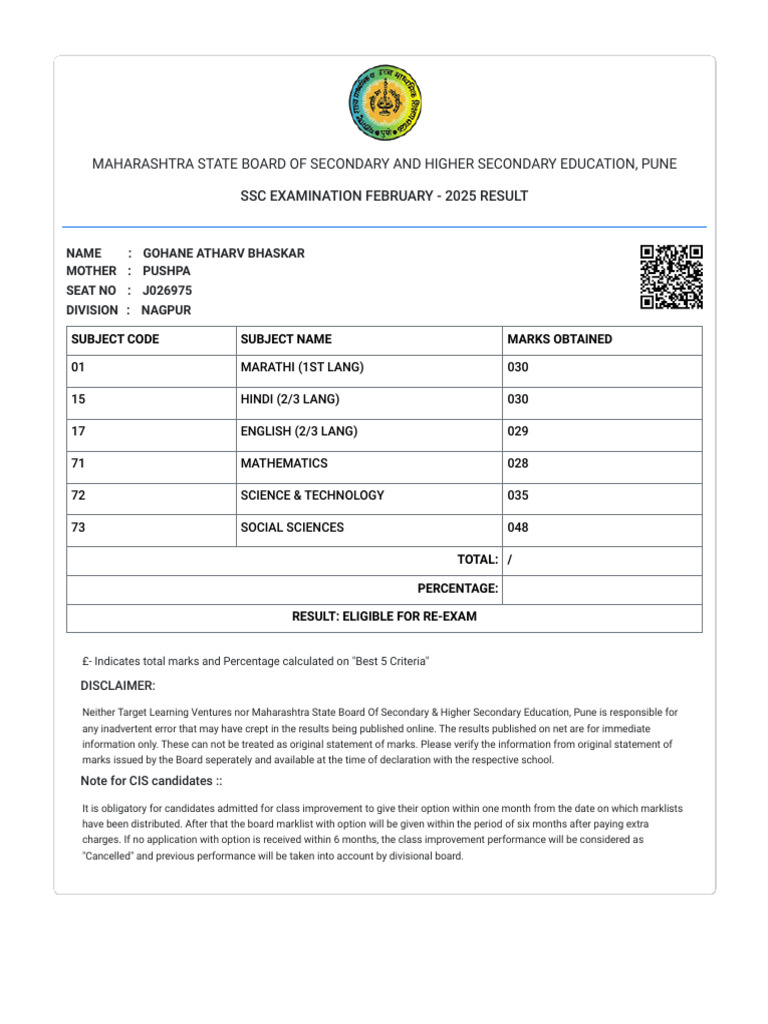 SSC Result 2025 Maharashtra Board - Check MSBSHSE 10th Result Online - Target Publications | PDF