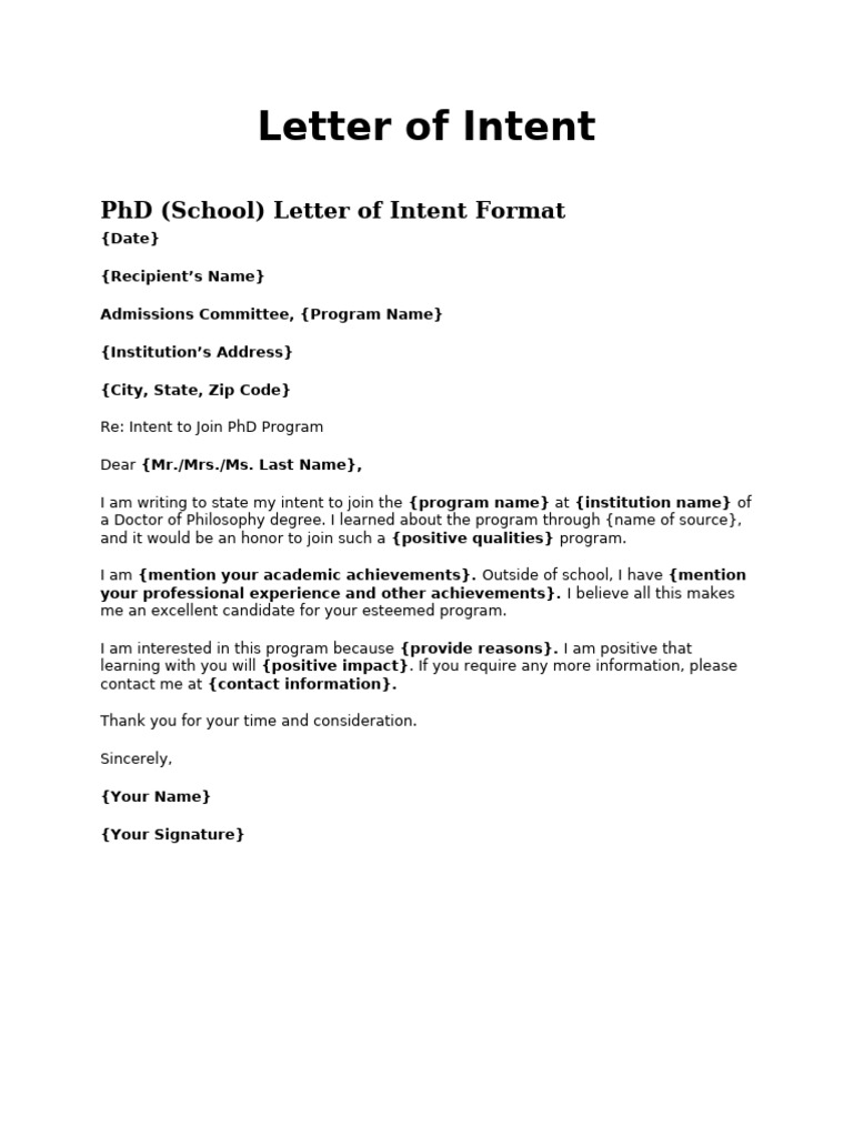 PhD Program Letter of Intent Template | PDF