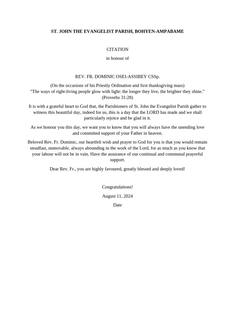 Citation Honour Fr. Dominic | PDF
